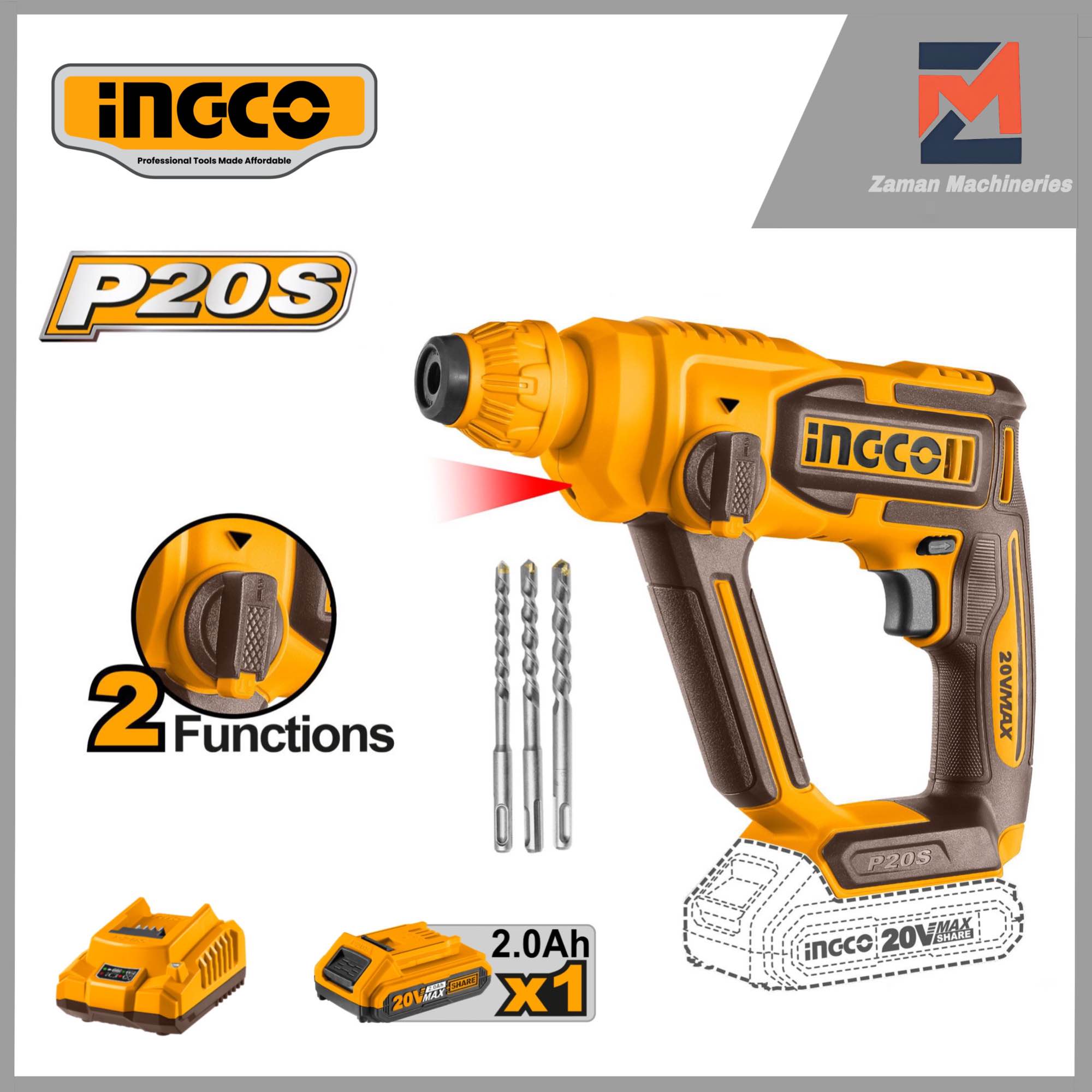 Ingco 20V Hammer Drill CRHLI201681 - INGCO P20S Hammer Drill 16mm With Battery & Charger - Ingco ...