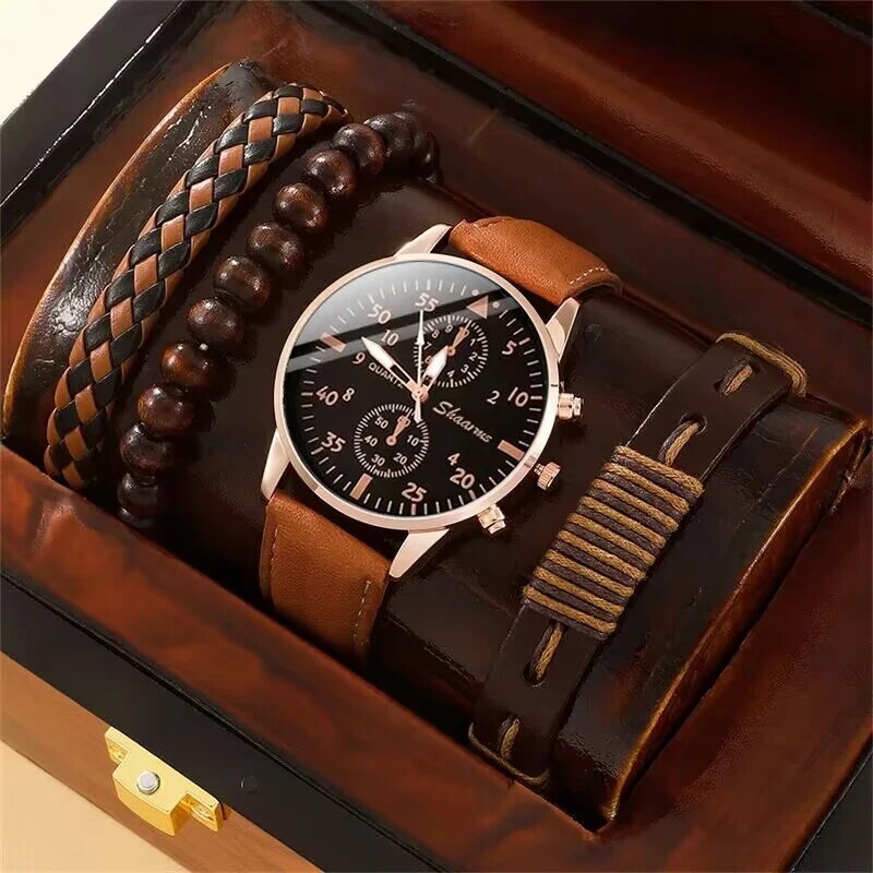 New Men Watch Luxury Bracelet Set Fashion Business Brown Leather Quartz ...