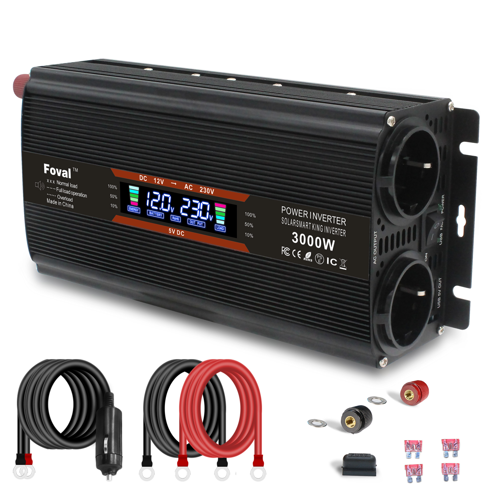 3000W Replaceable Fuse Inverter DC 12V/24V to AC 220V 230V LCD Voltage ...