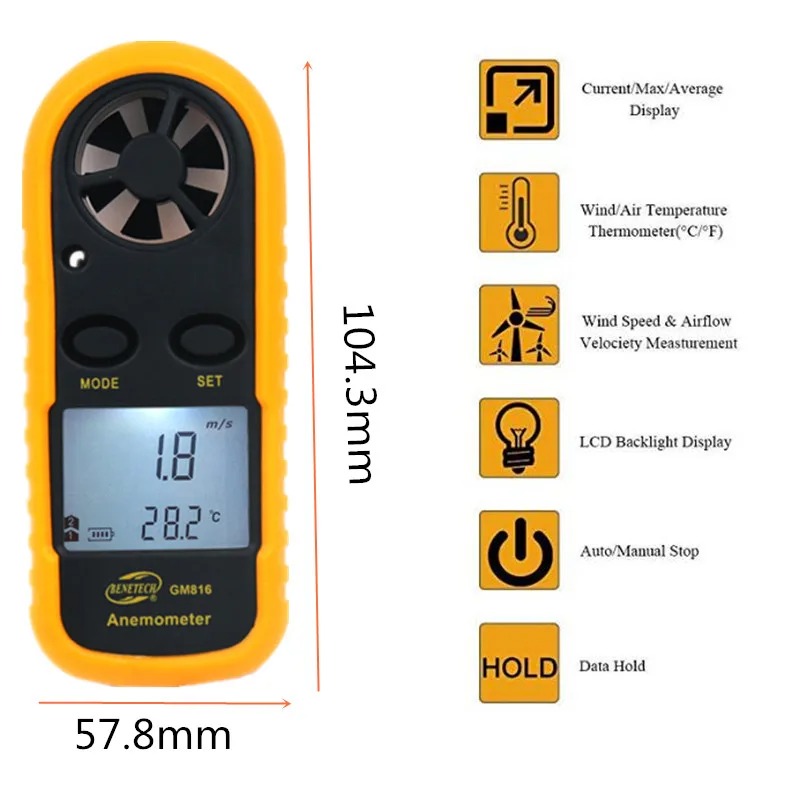 GM816 Digital Anemometer Wind Speed Mini Air Velocity Airflow ...