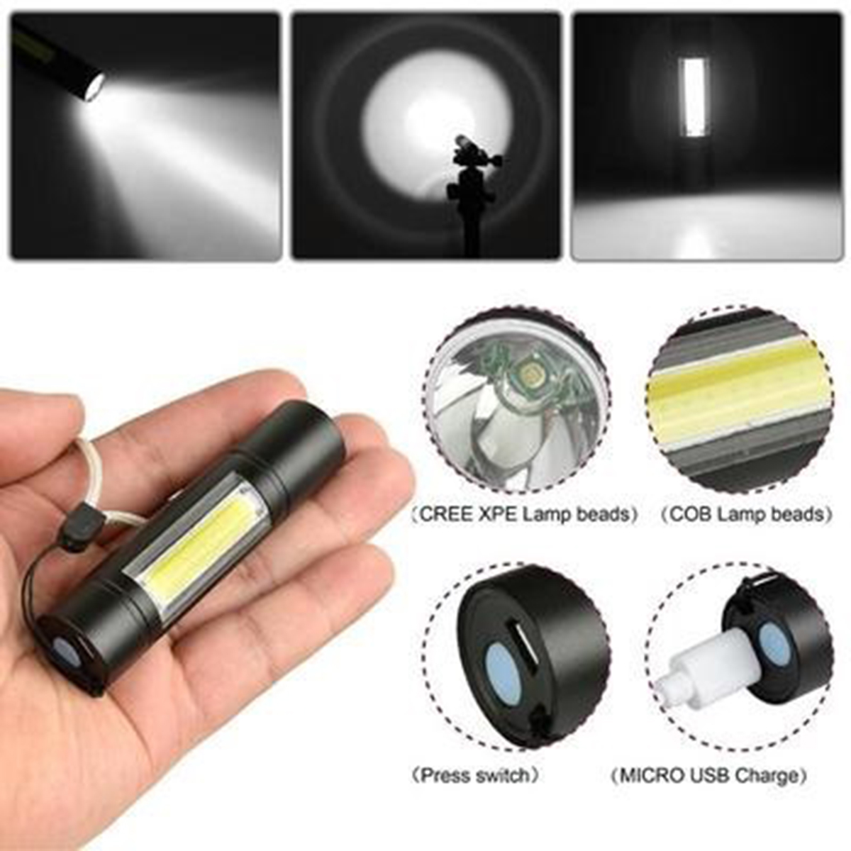 Recharge-able Flashhlight Torch LED USB Portable Torches 3 Modes Mini ...