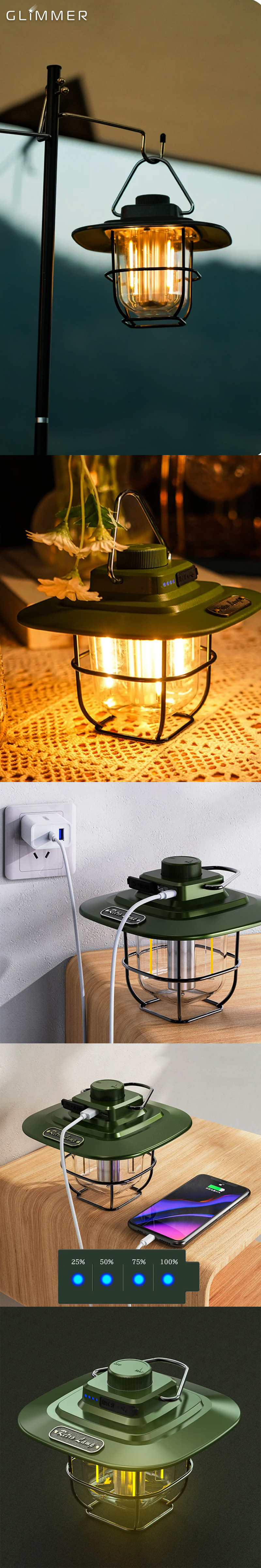 Glimmer Vintage Style Retro LED Camping Lantern 2000mAh 300LM Portable ...